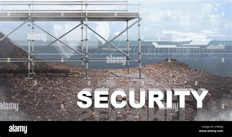 Digital Composite Of Security Text With 3d Scaffolding And Sea