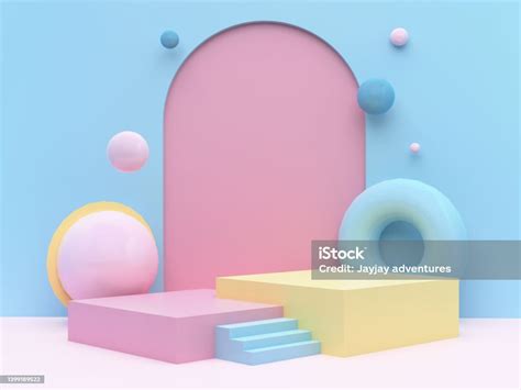 파란색 벽에 분홍색 아치에 구체와 고무 고리가있는 무대 연단 어린이 제품 프리젠 테이션을위한 받침대 기하학적 3d 렌더링 강단에 대한 스톡 사진 및 기타 이미지 Istock