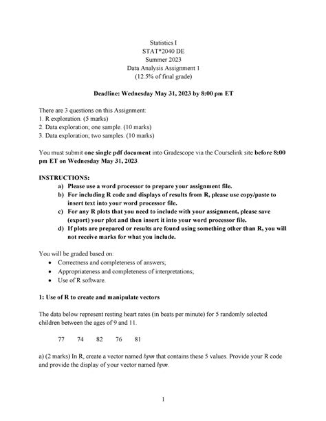 Data Analysis Assignment 1 2023 Gd 1 Statistics I Stat2040 De Summer