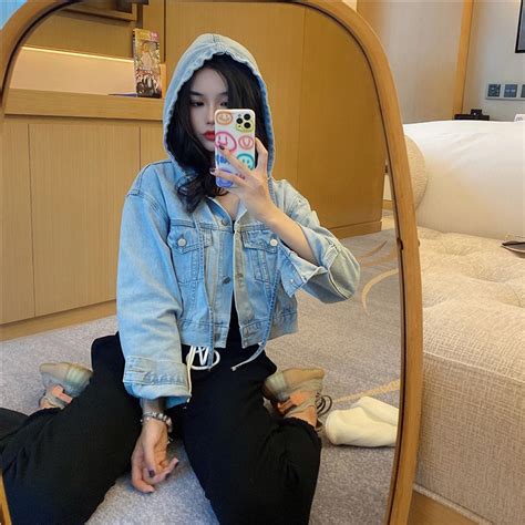 데님 후드 숏 크롭 긴팔 봄 가을 20대 유니크 캐주얼 버튼 데일리 학생룩 운동룩 청자켓 아우터