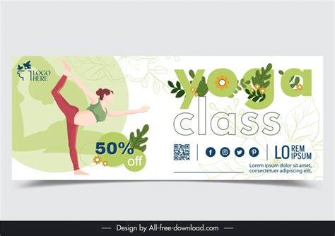 Yoga Classes Banner Template Exercising Woman Leaves Decor Vectors
