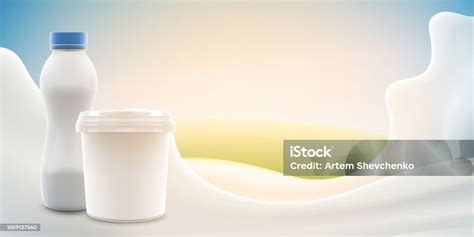 빈 항아리와 병 우유 스플래시 상용 제품 모형와 밝은 배경에 요구르트 광고 벡터 현실적인 그림 0명에 대한 스톡 벡터 아트 및