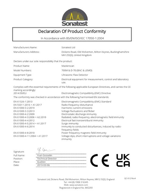 Qc 012 Rev 4 Masterscan Declaration Of Product Conformity Pdf