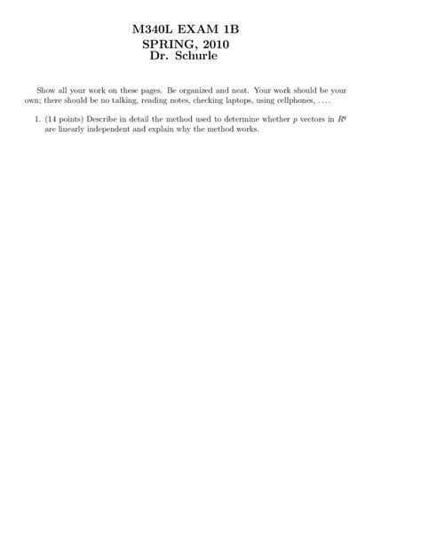 Exam 1b With 7 Questions Matrices Spring 2010 M 340l Docsity