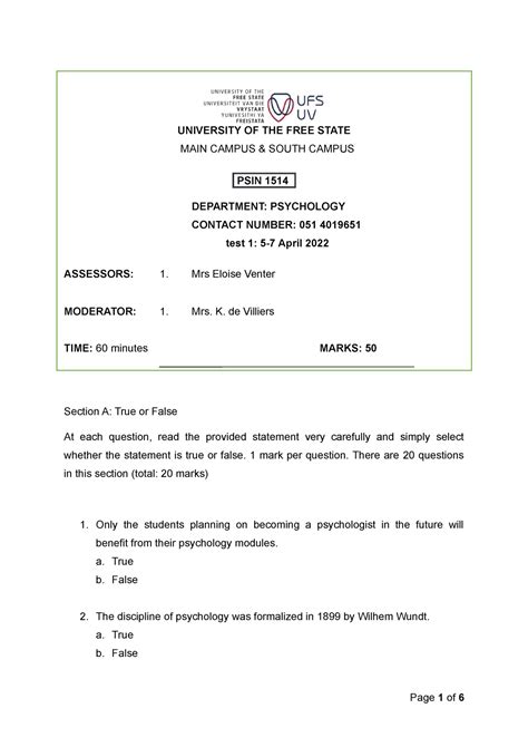 Example Previous Test 1 University Of The Free State Main Campus