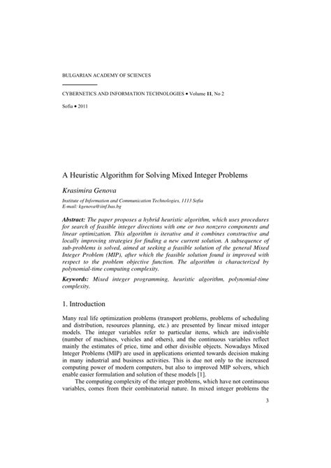 Pdf A Heuristic Algorithm For Solving Mixed Integer Problems