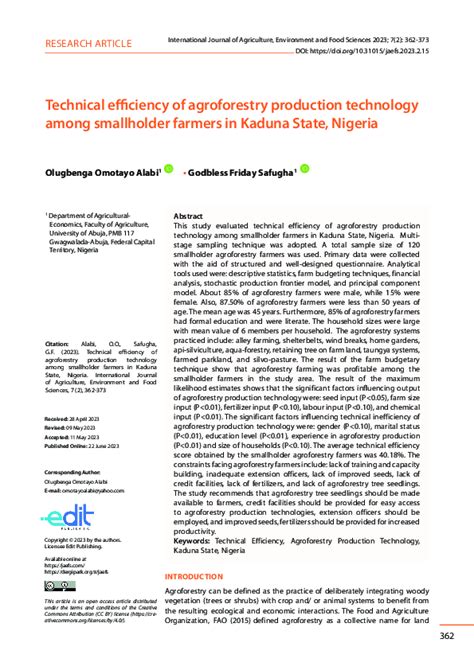 Pdf Technical Efficiency Of Agroforestry Production Technology Among