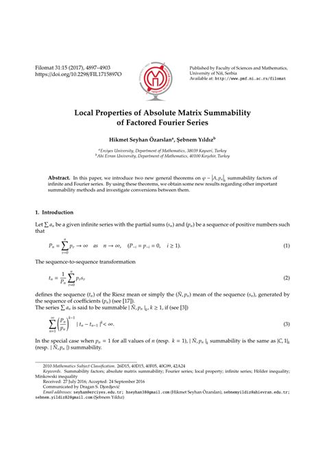 Pdf Local Properties Of Absolute Matrix Summability Of Factored Fourier Series