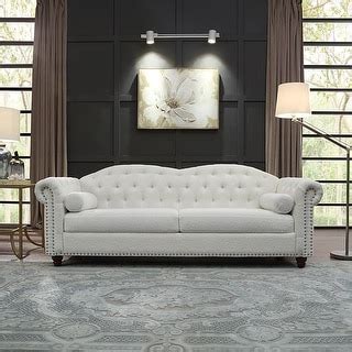 White Traditional Velvet Chesterfield Upholstered Sofa With Nail Head