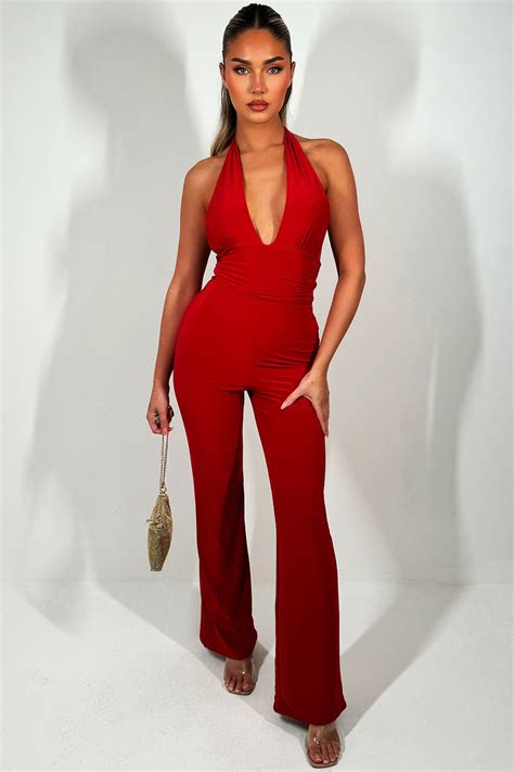 Red Halterneck Backless Christmas Party Jumpsuit Going Out Outfit