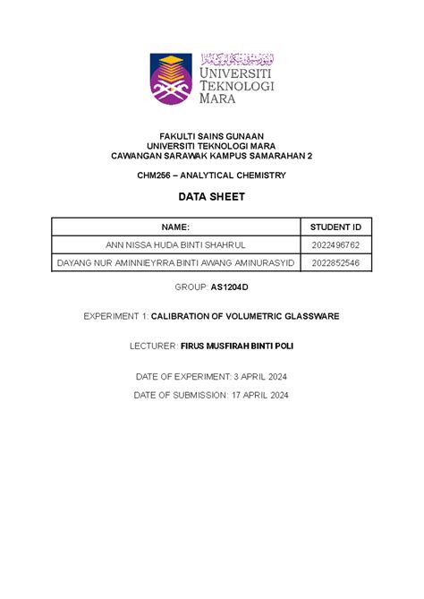 CHM256 EXP 1 Lab Report FAKULTI SAINS GUNAAN UNIVERSITI TEKNOLOGI MARA CAWANGAN SARAWAK