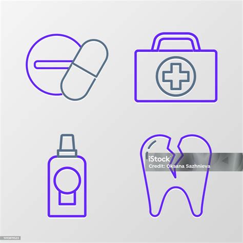 세트 라인 부러진 치아 구강 세정제 플라스틱 병 응급 처치 키트 및 약약 또는 태블릿 아이콘 벡터 씻기에 대한 스톡 벡터 아트