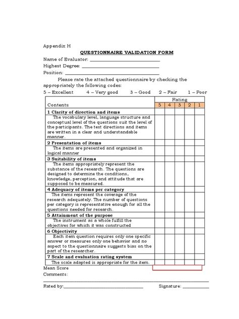 Questionnaire Validation Form 1 Clarity Of Direction And Items Pdf