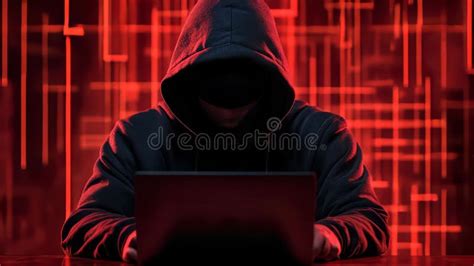 Hooded Hacker Typing On Laptop In Shadowy Workspace Representing Cybersecurity Threat And