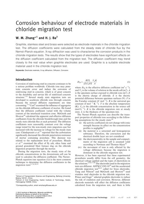 Pdf Corrosion Behaviour Of Electrode Materials In Chloride Migration Test