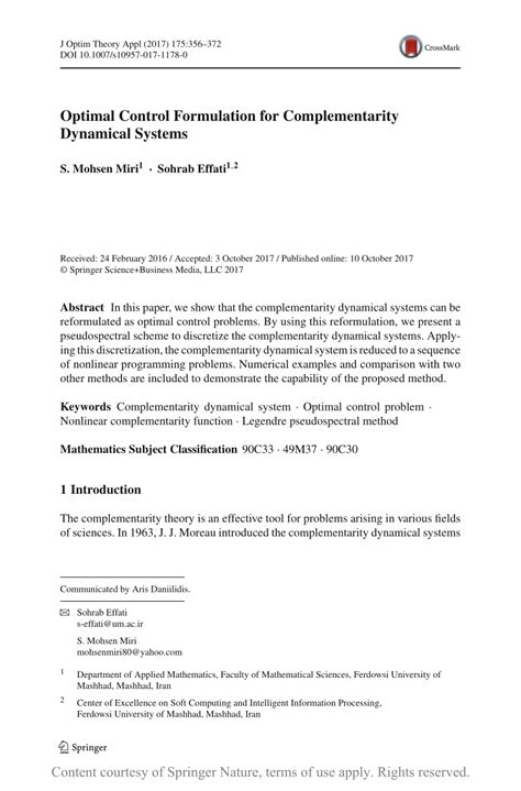 optimal control formulation for complementarity dynamical systems