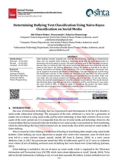 Pdf Determining Bullying Text Classification Using Naive Bayes Classification On Social Media