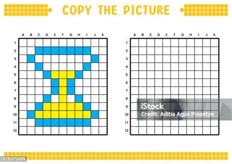 그림을 복사하고 그리드 이미지를 완성합니다 사각형으로 그리는 교육용 워크시트 셀 영역 색칠 유치원 활동 어린이 게임 만화 벡터 일러스트 레이 션 픽셀 아트 모래시계 개발에