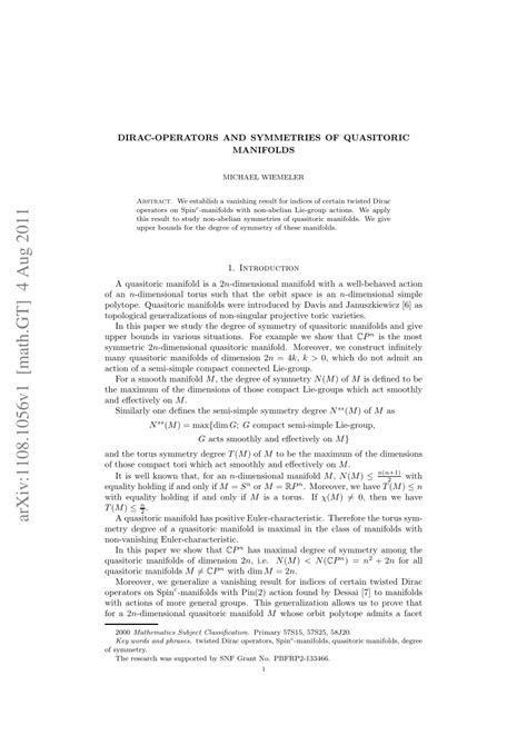Pdf Dirac Operators And Symmetries Of Quasitoric Manifolds