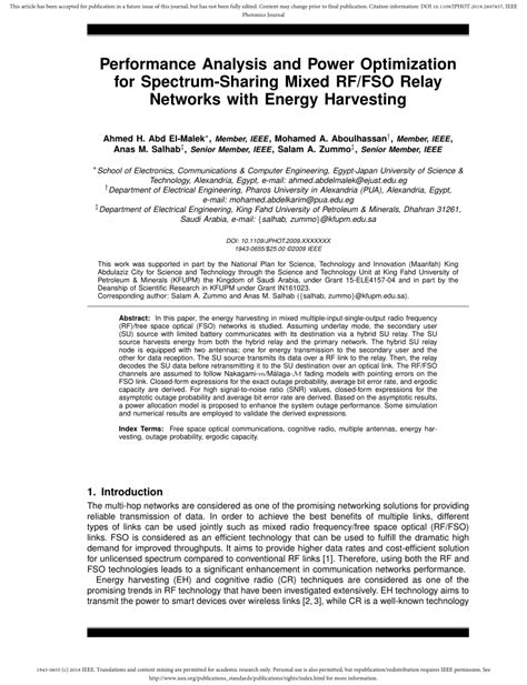 Pdf Performance Analysis And Power Optimization For Spectrum Sharing Mixed Rffso Relay