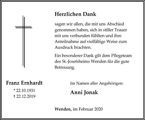 Traueranzeigen Von Franz Ernhardt Trauer In Nrwde