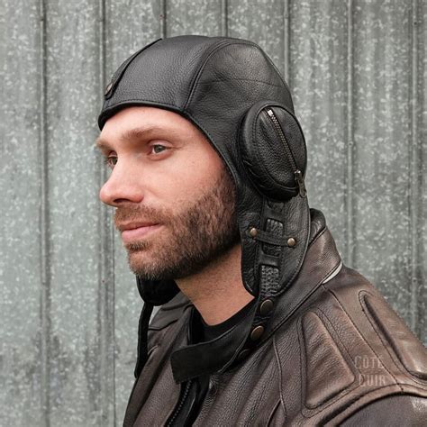 Mens Leather Aviator Helmet Real Black Leather Pilot Style Helmet