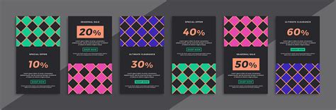 기하학적 패턴의 어두운 수직 홍보 웹 배너 소셜 미디어 모바일 앱 스토리에 대한 현대 판매 및 할인 프로모션 배경 세트 간단한 벡터 편집 가능한 배경 Eps 10 가격에