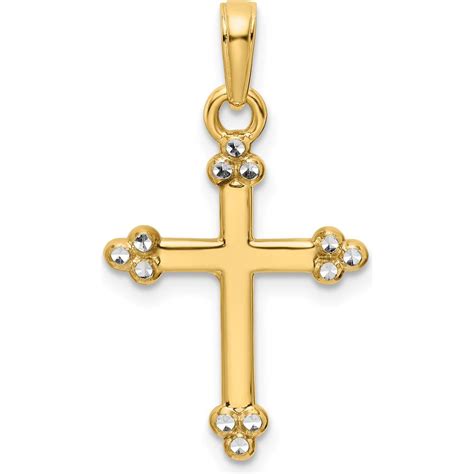 14k Yellow Gold Diamond Cut Budded Cross Pendant With Polished Finish