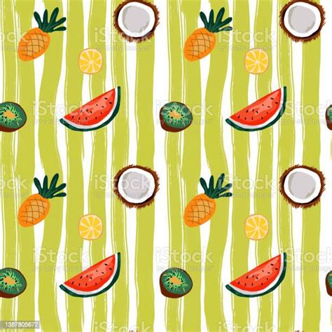 열대 과일 레몬 파인애플 키위 수박 코코넛 밝은 과일 여름 배경 손으로 그린 매끄러운 패턴 0명에 대한 스톡 벡터 아트 및 기타 이미지 Istock