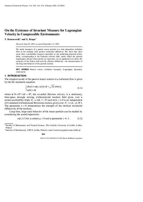 Pdf On The Existence Of Invariant Measure For Lagrangian Velocity In Compressible Environments