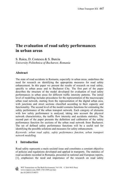 Pdf The Evaluation Of Road Safety Performances In Urban Areas