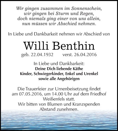 Traueranzeigen Von Willi Benthin Abschied Nehmen De