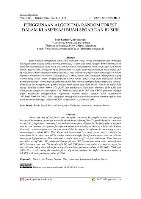 PDF PENGGUNAAN ALGORITMA RANDOM FOREST DALAM KLASIFIKASI BUAH SEGAR DAN BUSUK