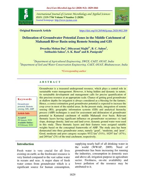 Pdf Delineation Of Groundwater Potential Zones In The Middle Catchment Of Mahanadi River Basin