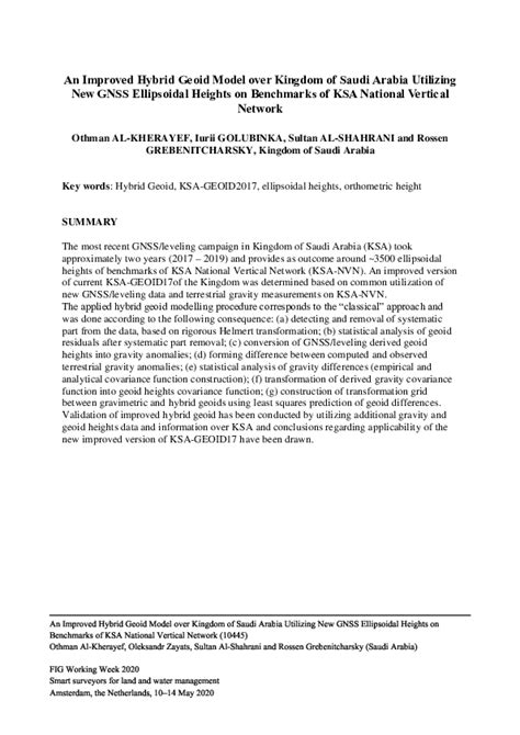 Pdf An Improved Hybrid Geoid Model Over Kingdom Of Saudi Arabia Utilizing New Gnss Ellipsoidal