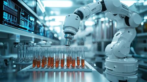 Robotic Arm Conducting Liquid Analysis In Futuristic Lab Stock Image Image Of Scientific