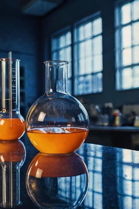 Orange Solution In Science Glass Flask In Blue Chemistry School Laboratory Background Stock