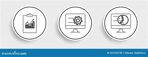Set Line Computer Monitor With Graph Chart Clipboard And Icon Vector