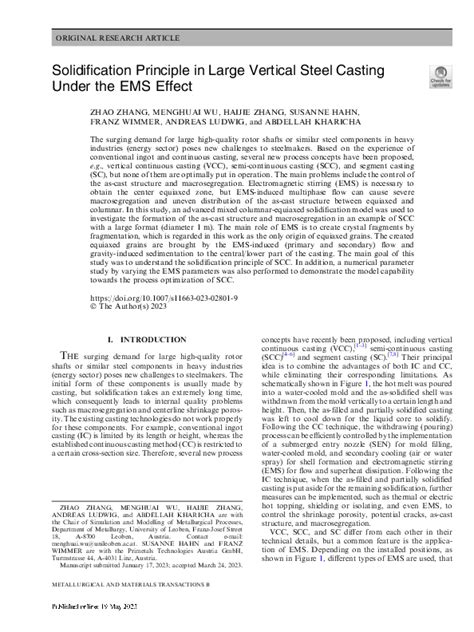 Pdf Solidification Principle In Large Vertical Steel Casting Under The Ems Effect