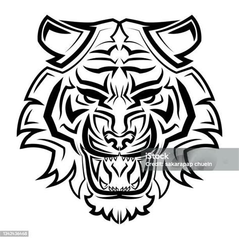 기호 마스코트 아이콘 아바타 문신 문신 T 셔츠 디자인 로고 또는 어떤 디자인에 대 한 좋은 사용 호랑이 머리의 흑백 라인 아트 검은색에 대한 스톡 벡터 아트 및 기타