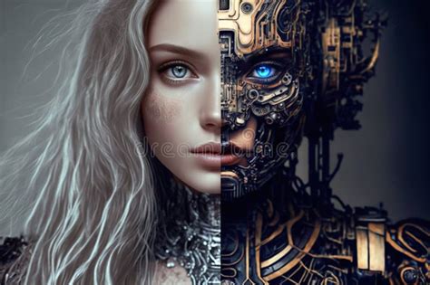 Illustration Of The Humanoid Cyber Girl Against A Dark Background Stock