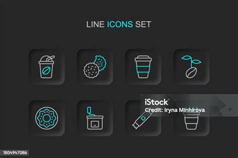 라인 커피 컵 슈가 스틱 패킷 수동 커피 그라인더 도넛 원두 쿠키 또는 비스킷 및 아이스 아이콘을 설정합니다 벡터 0명에 대한 스톡 벡터 아트 및 기타 이미지 Istock