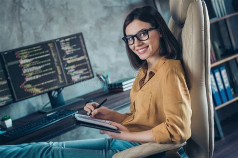 Profile Side View Portrait Of Attractive Cheerful Girl Writing Data Html Java Developing Web