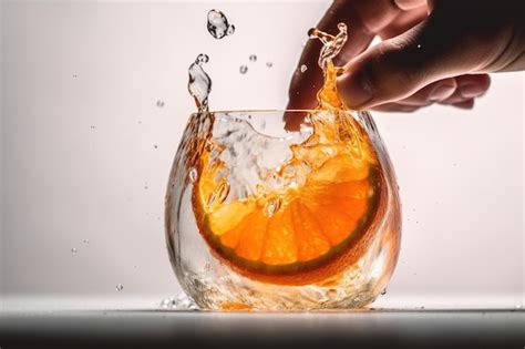 Premium AI Image | hand squeezing an orange over a clear glass