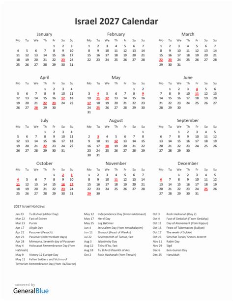 2027 Yearly Calendar Printable With Israel Holidays Monday Start