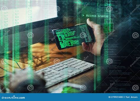 Hacker Man Hands And Phone Screen For Software Malware Code Access And Password Success In
