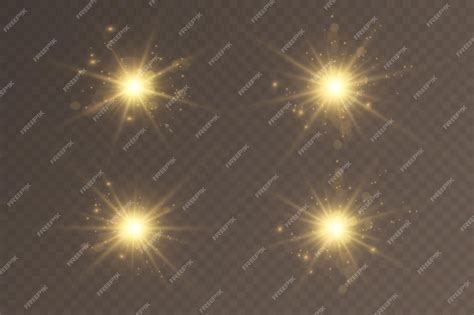 투명한 배경에 황금빛 빛나는 조명 효과 세트 프리미엄 벡터