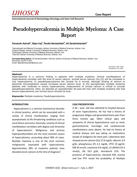 Pdf Pseudo Hypercalcemia In Multiple Myeloma A Case Report