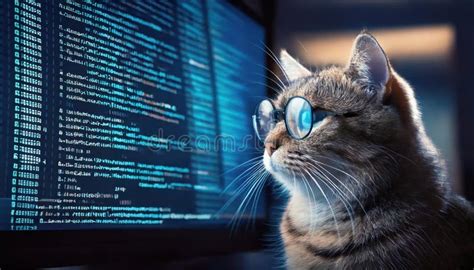 Cat Wearing Glasses Sitting In Front Of A Screen With Code Stock Illustration Illustration Of