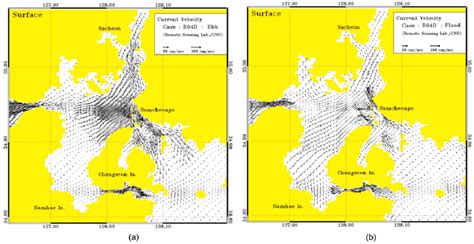Distribution Of Surface Current Velocity A At Ebb B Flood By